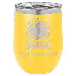 LaserGram Double Wall Stainless Steel Wine Glass Tumbler, Volleyball Coach, Personalized Engraving Included (Yellow)