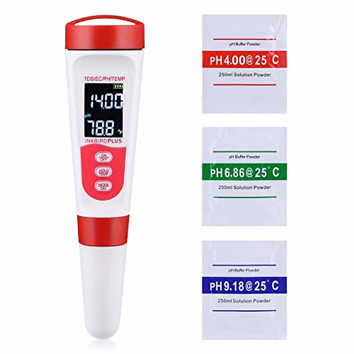 INKBIRDPLUS pH Meter, Digital 4 in 1 PH EC TDS Temp Meter for Water Hydroponics, Waterproof and EC PPM Water Tester with Backlight for Laboratory, Nutrients Growing, Household Drinking, Pool, Aquarium