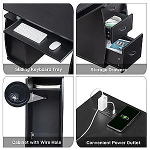 Karl home MDF Computer Desk with Strip Socket, Home Office Desk Writing Desk, Office Table with 3 Drawers and Storage Cabinet for Studio, Apartment, Coffee, Black