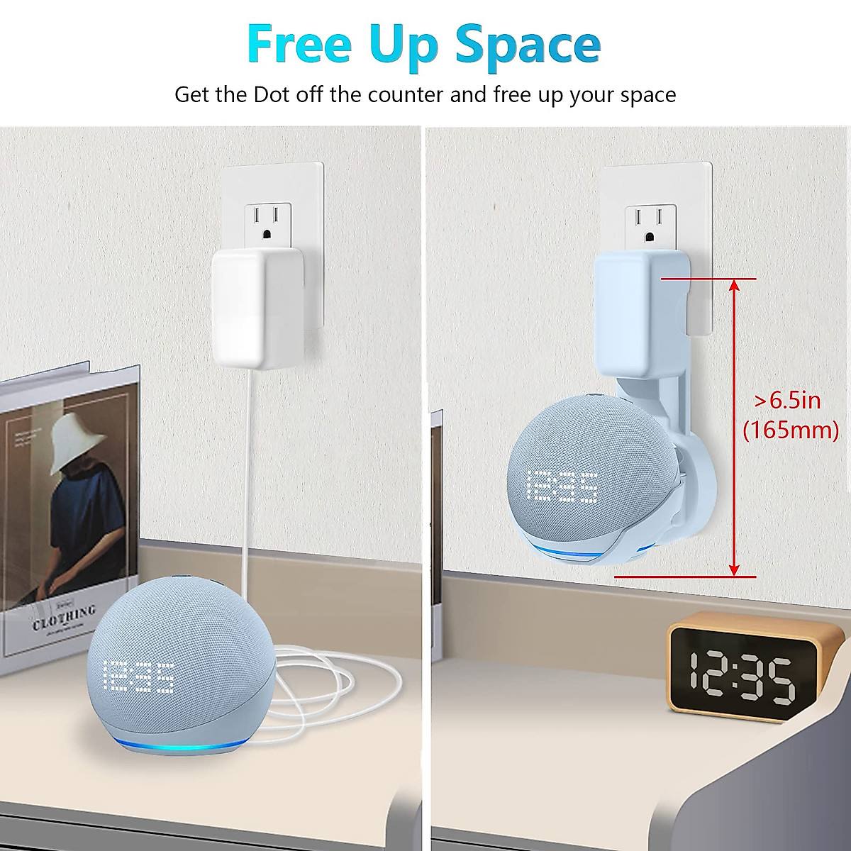 ZUOLACO Wall Mount Holder for Echo Dot 5th Generation, Outlet Hanger Stand for Echo Dot (5th & 4th Gen), Space-Saving Dot Accessories with Built-in Cable Management, Hide Messy Wires, Cloud Blue