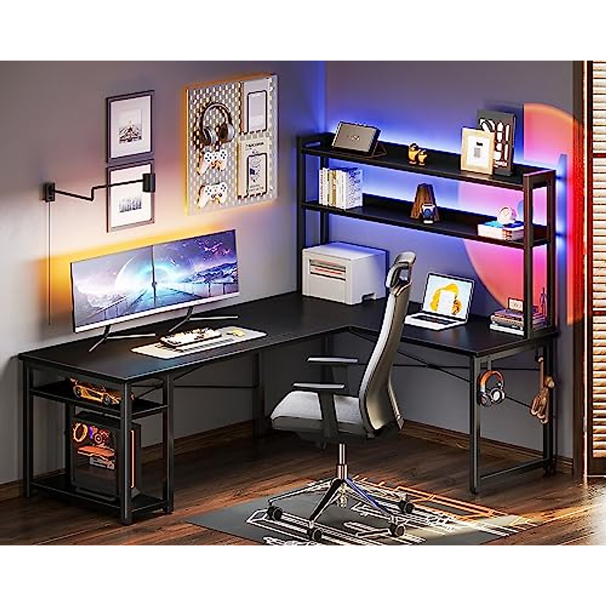 ODK L Shaped Gaming Desk with Hutch, Computer Desk with Storage Shelves, 66" L Shaped Desk for Home Office, Corner Desk with Headphone Hook, Black