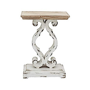 French Country Accent Wood Rectangle End Table, Farmhouse Rustic Wood Side Table with Natural Wood Top and Distressed White Carved Base, Vintage Table for Slim Spaces, 19.75 x 11.75 x 27.5 Inches