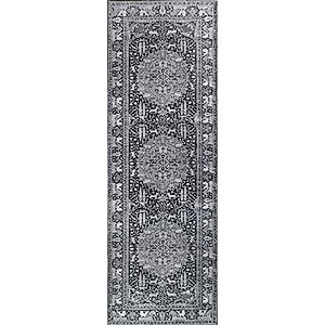 SUPERIOR Traditional Medallion and Nature Flat-Weave Indoor Runner Rug, 2' 6" x 7' 6", Charcoal