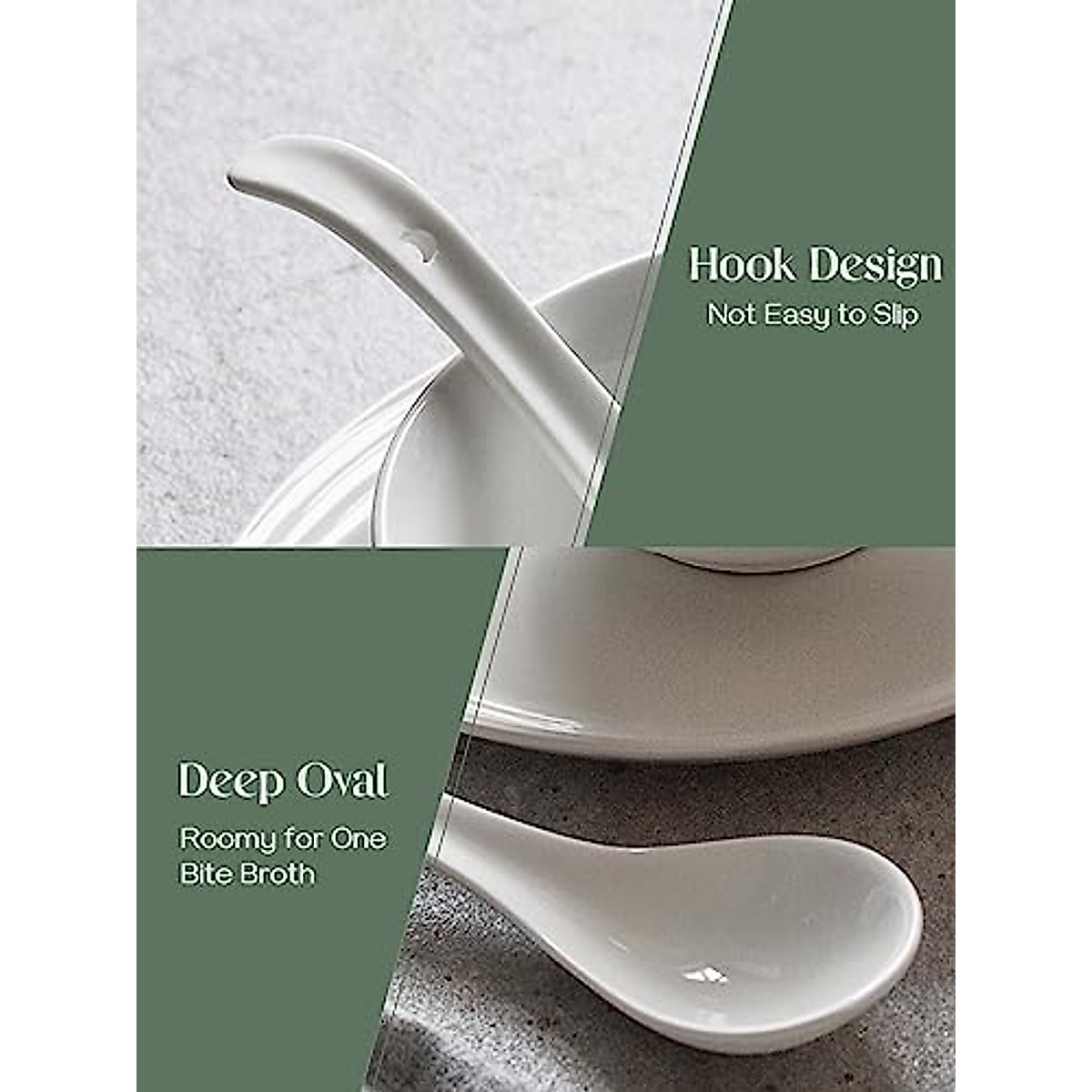 DOWAN Soup Spoons, Ceramic Chinese Soup Spoons, Asian Soup Spoons, White Japanese Spoon Large for Ramen Pho Wonton Dumpling Miso, Deep Oval Hook Design, Set of 6