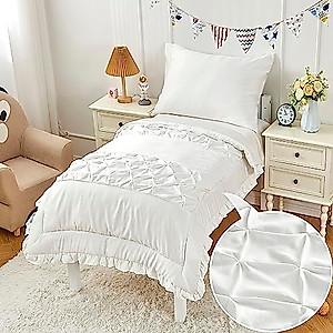 Toddler Bedding Set for Girls 4 Piece white Pinch Pleated Ruffle Fringe Pintuck Toddler Bed Comforter Sheet Set for Kids Bed-in-a-Bag Quilt Crib Set with Comforter,Flat Sheet,Fitted Sheet,Pillowcase