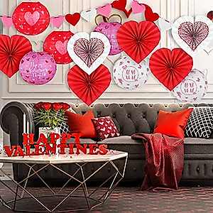 ANVAVO 6 Pieces Valentines Day Paper Lanterns 6 Pieces Red Heart Party Hanging Paper Fans 2 Strings Hearts Shaped Felt Garland Banner with Fishing Line, Valentines Day Decor Party Decoration Supplies