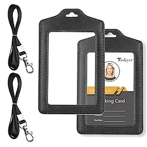 Teskyer 2 Pack of Double Sided Clear Badge Holder with Lanyard, PU Leather ID Badge Name Card Holder with Stainless Steel J-Hook Nylon Lanyard for Work ID, School ID, Metro Card, Access Card, Black