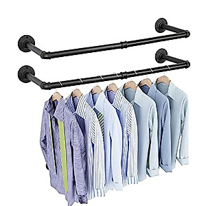 OROPY Industrial Pipe Clothes Rack Wall Mounted Set of 2, 38.4 inches Heavy Duty Iron Pipe Clothing Garment Rail, Multi-Purpose Clothing Hanging Rod for Laundry Room and Closet Storage