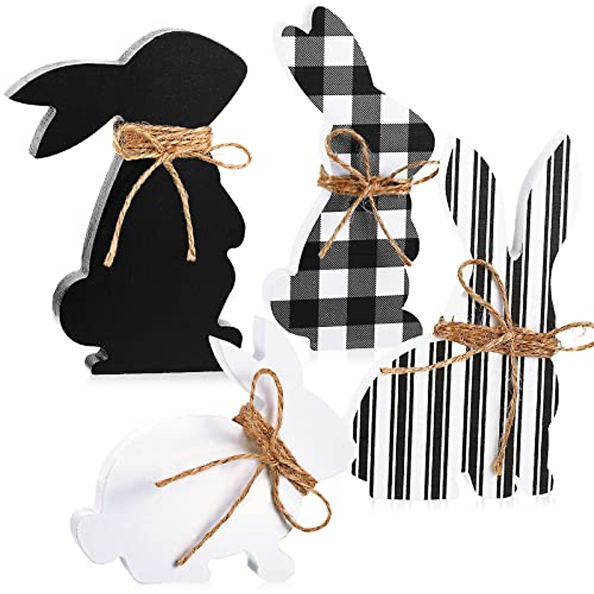 4 Pcs Easter Bunny Table Wooden Signs Bunny Shaped Farmhouse Decor Spring Bunny Wood Tabletop Easter Decorations Easter Bunny Dining Room Table Decor Sign Bunny Decor with Rope (Plain Black White)
