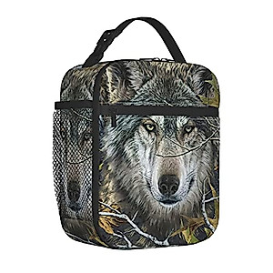 srufqsi Portable Lunch Bag, Forest Camouflage Wolf Insulated Lunch Tote With Side Pocket, Reusable Lunchboxes for Travel Picnic Work Outdoor