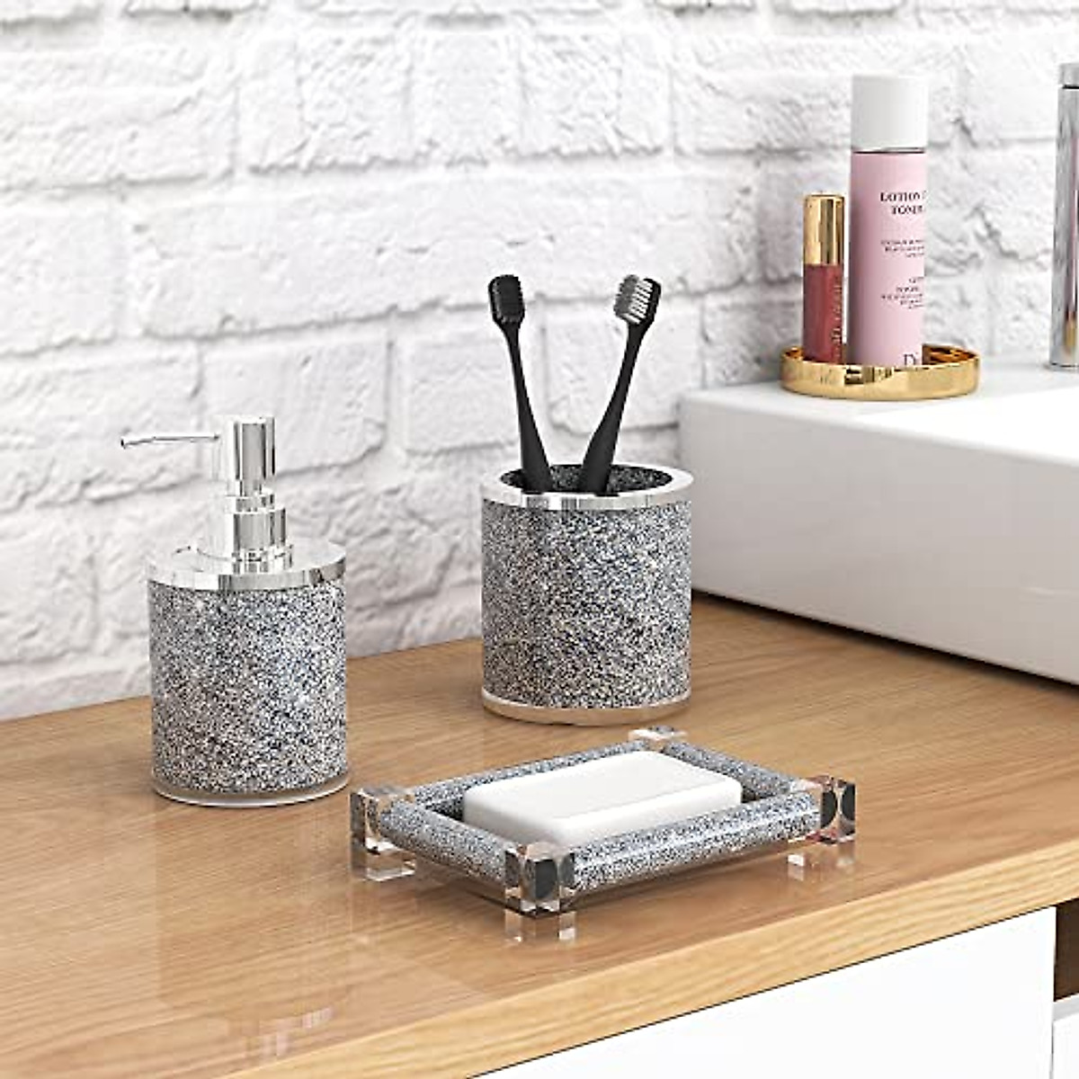 SHYFOY Bathroom Accessories Set, 3 Piece Silver Crystal Diamond Bathroom Accessory Decor Sets, Glass Bath Restroom Set Vanity Organizer Includes Soap Dispenser, Toothbrush Holder, Soap Dish