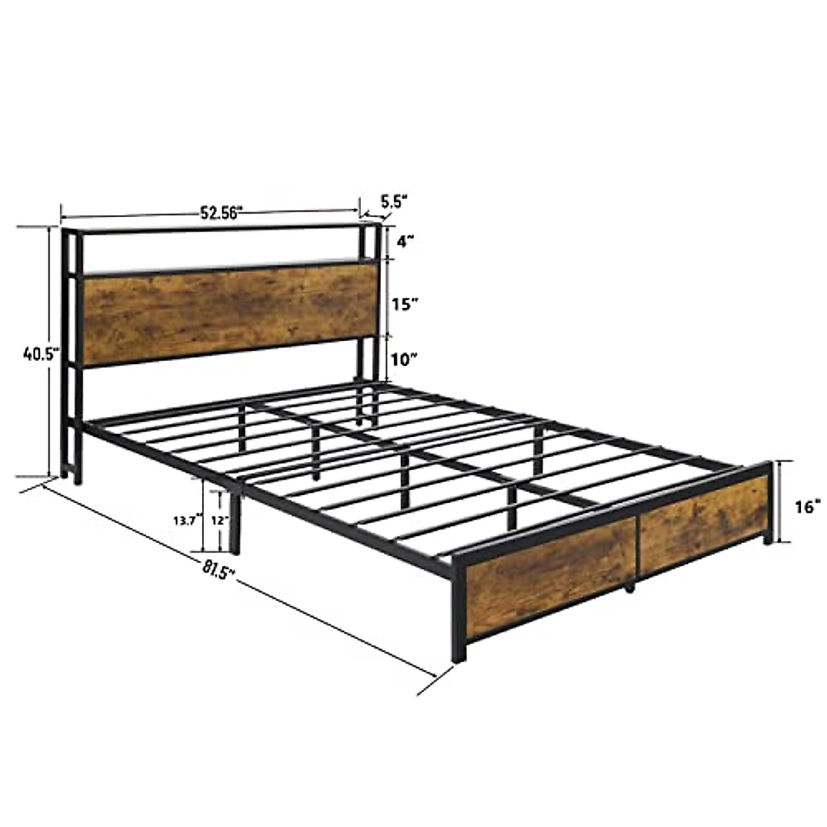 Catrimown Full Size Bed Frame with Storage Headboard Full Platform Bed Frame with 2 Tier Headboard Industrial Wood Queen Bed Frames No Box Spring Needed Noise Free, Rustic Brown