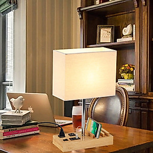 Dreamholder Desk Lamp with 3 USB Charging Ports, Table Lamp with 2AC Outlets and 3 Phone Stands, Nightstand Bedside Lamp with Natural Wooden Base and Cream Linen Shade