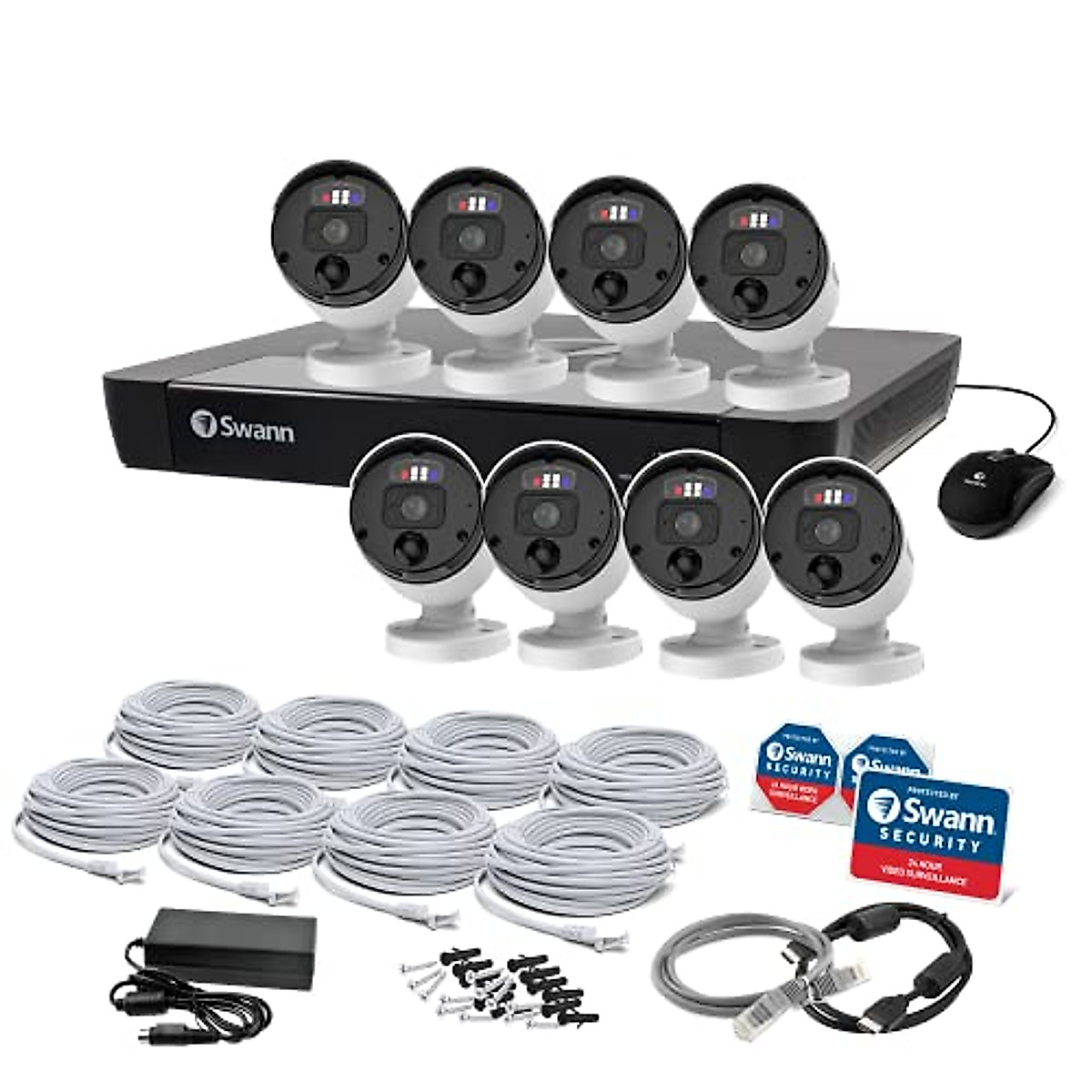 Swann Home Security Camera System with 2TB HDD, 16 Channel 8 Cam, POE Cat5e NVR 4K HD Video, Indoor Outdoor Wired Surveillance CCTV, Color Night Vision, Heat Motion Detection, Flashing LEDs, 1689808