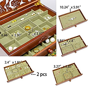 Wood Jewelry Box for Women - Real Wooden Jewelry Holder Organizer Box with Rose Leaf Patterns, Mothers Day Gifts, Jewelry Boxes for Storage Earrings Rings Necklace Bracelet, Ideal Gift for Women's Day