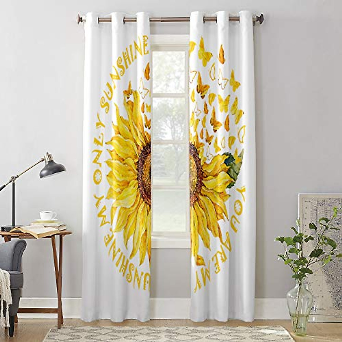 Big buy store Blackout Curtains Panels Sunflower Butterfly Thermal Insulated Grommet Window Curtains White Background Room Darkening Curtain Drapes for Bedroom & Living Room 52inches W x 84inches L