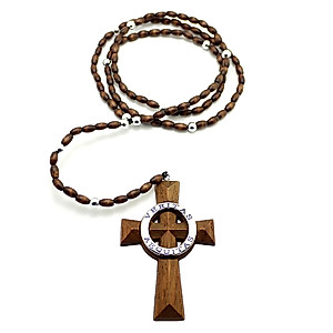 Saints Cross Wooden Rosary 5mm&39"wooden Ball Chain Necklace Brown Silver (XJ199BRNR)
