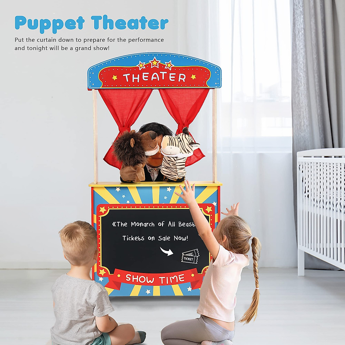 Rundad Wooden Puppet Theater Bonus 2 Hand Puppet, Double-Sided Lemonade Stand & Puppet Show Theater for Kids, Wood Deluxe Children Puppet Theatre Toy with Chalkboard