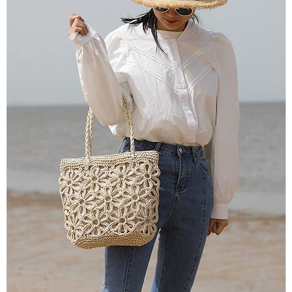 Womens Top Handle Straw Beach Tote Bags Floral Shoulder Bag Beach Bag Large Size Satchel Purses Woven Shoulder Bag