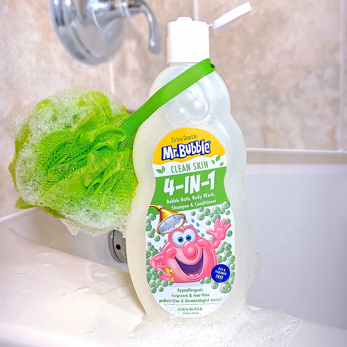 Mr. Bubble Kids Extra Gentle 4-in-1 - Body Wash, Shampoo, Conditioner, and Bubble Bath - Hypoallergenic, Non-Scented, Dye Free, No Tear Formula, Perfect for Sensitive Skin (4 Bottles, 16 fl oz each)
