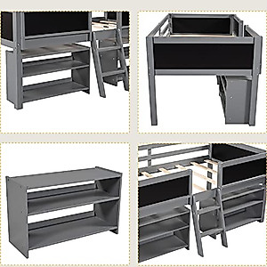 Low Loft Beds with 2 Movable Shelves Twin Loft Bed Frame with Chalkboard Modern Farmhouse Junior Bed for Kids Boys Girls, Gray
