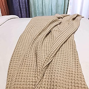 DerF HOME Waffle Weave Throw Blanket for Couch with Wash and Drawnwork Technique Tan Blanket Sofa, Soft Decorative Lightweight All Seasons(50x60 inches, Khaki/Light tan)