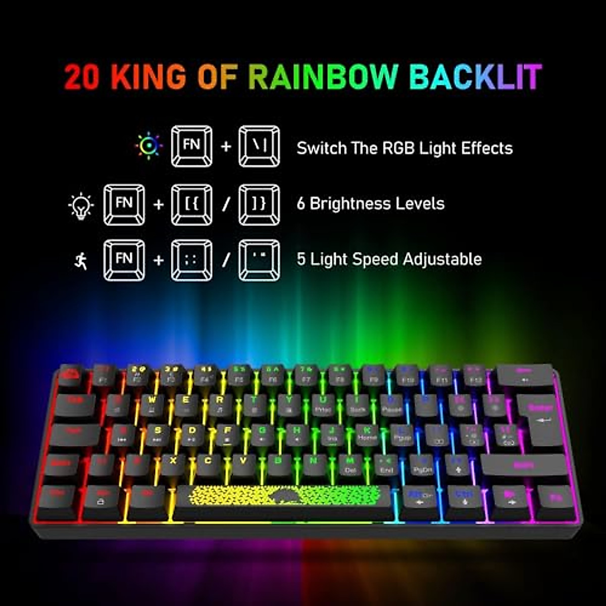 60% Compact Type c - Usb Wired Mechanical Keyboard UK, Blue Switch, RGB Backlit Rainbow LED, Anti-Ghosting, Media Keys, Laser carving, Ergonomic Aesthetic, for Computer PC Laptop PS4 XBOX - Black