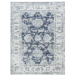 jinchan Washable Area Rug 5x7 Low Pile - Bedroom Rug Indoor Dark Blue Floral Print Stain Resistant - Boho Carpet Distressed Vintage Ultra-Thin Non-Slip Rug Accent Rug Living Room Dining Room Kitchen