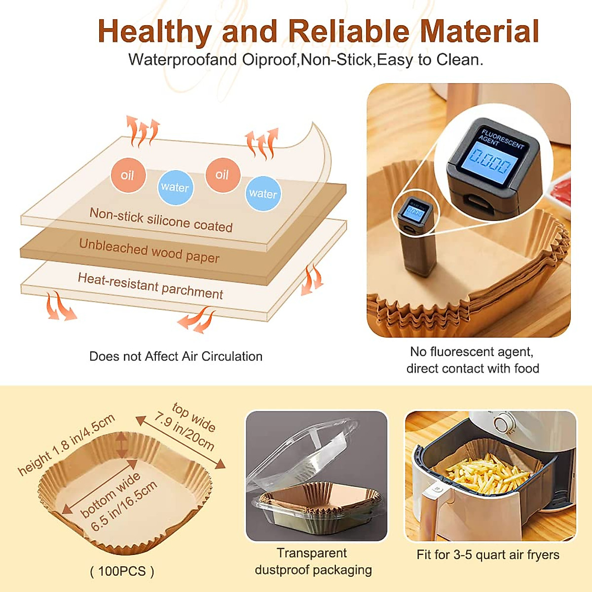 Air Fryer Disposable Paper Liner Square, 100PCS 6.5 inch Non-stick Air Fryer Liners, Baking Paper for Air Fryer Oil-proof, Water-proof, Food Grade Parchment for Baking Roasting Microwave