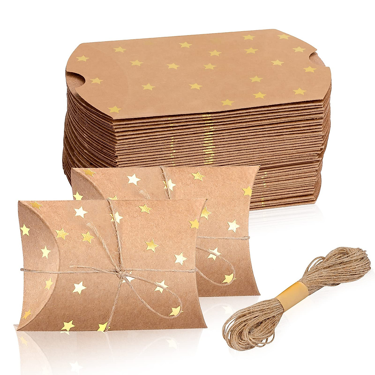 100 Pieces Small Gift Pillow Boxes Pillow Boxes for Gifts Kraft New Year Gift Box Christmas Pillow Boxes Pillow Gift Boxes with Jute String for Wedding New year Present and Birthday Party Favor