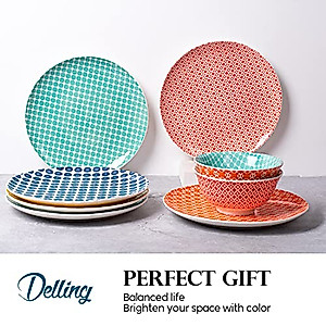 Delling Ceramic Dinner Plates Set, 10 Inch Colorful Dessert Plates/Salad Plates, Porcelain Serving Dishes, Scratch Resistant, Lead-Free - Microwave, Oven, and Dishwasher Safe - Set of 6