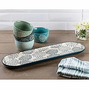 BAUM Mums Ceramic Serve 5-piece Serve Set (1) Tray & (4) Bowls Blue Floral Appetizer Serving Bowls Set, White