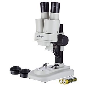 AMSCOPE-KIDS SE100X Portable Binocular Stereo Microscope, WF5X and WF10x Eyepieces, 10X and 20X Magnification, 2X Objective, Tungsten Light Source, Reversible Black/White Stage Plate, Battery-Powered