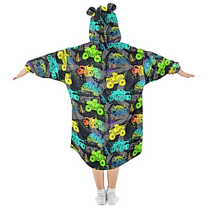 JHKKU Monster Truck Car Wearable Blankets for Kids, Oversized Flannel Blanket Hoodie for Kids, Warm Blanket Hoodie for Boys Girls with Pockets