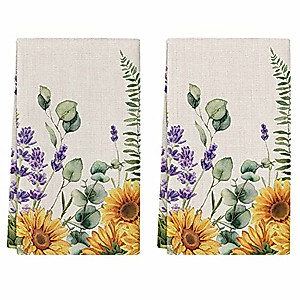 Kitchen Towels Set of 2 Green Leave Tea Dish Towels and Dishcloths Sets Decorative Tea Towel Yellow Sunflower Purple Lavender Absorbent Hand Towels for Kitchen Drying Bathroom Decor Gift 18x28 Inch