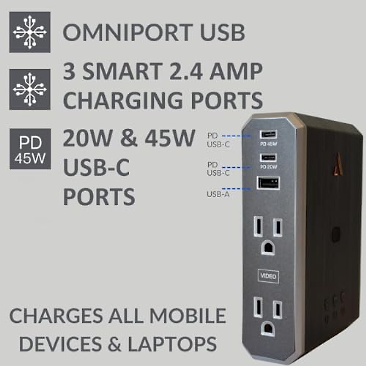 Austere VII Series Outlet Extender Wall Charger, 4 Outlets Surge Protector Power Strip, 2 USB C & 1 USB A 2.4 amp, 20W & 45W Power Delivery | 3500 Joules, EMI/RFI Filtering, 6 Year Component Guarantee