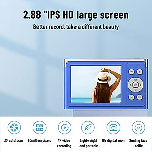 Digital Camera Photography, 1080p 50MP Vlogging Camera with 2.88 Inch LCD Screen, 16X Zoom Compact Portable Mini Rechargeable Camera, Point and Shoot Digital Cameras