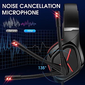 nulliplex Gaming Headset Xbox one Headset with Mic Stereo Gaming Headset, Noise Immunity Swivel Mic & LED Light, Suspension Headband PS4 VR Headphone Compatible with PC PS5 Xbox One (Black red)