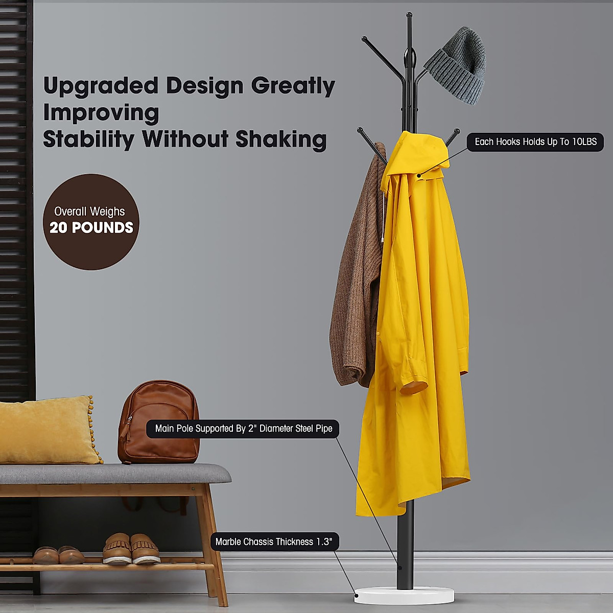 Ulimart Coat Racks Free Standing,Metal Sturdy Coat Rack with 12 Storages,Coat Tree with Natural Marble Base,For Hanging Coat Bags Hats Umbrella,For Entryway Bedroom Office