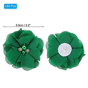 PATIKIL 2" Chiffon Flowers, 30Pcs Fabric Flowers Sewing Appliques Embellishments with Rhinestone Pearl for DIY Crafts Wedding Headbands Party Decoration, Green