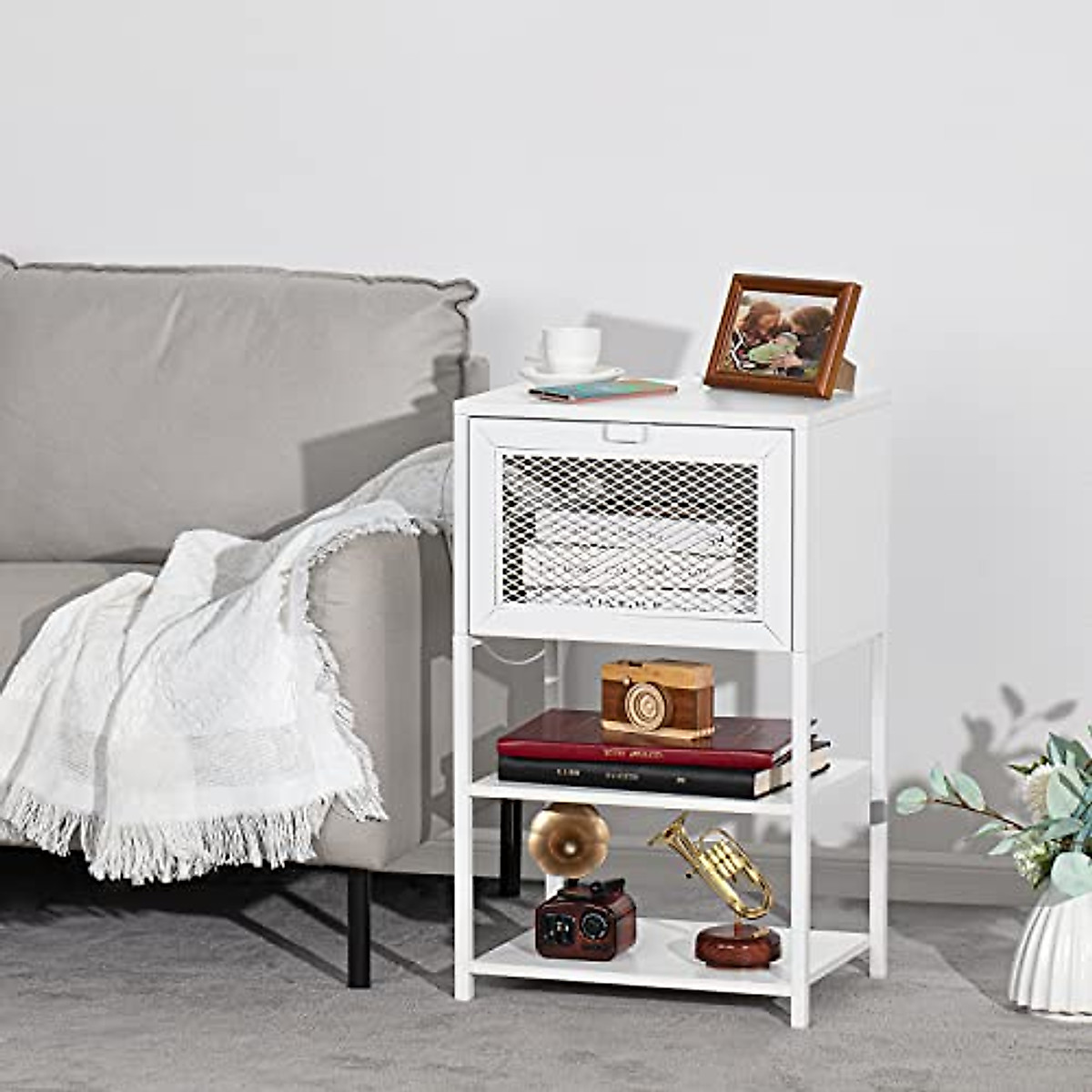 LEBOAHOUS Nightstand with Charging Station and USB Port, 3 Tier Industrial Night Stand, Bedside Table with Flip Storage Drawer and Open Shelf, End Side Table for Bedroom, Office, Dorm 26.2''H (White)