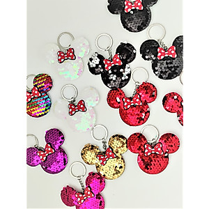 ITISMINE 12 pieces Sparkly BLINK Plush Reversible Sequin 3 inch Key Chain Appeal Backpack Bag Accessories (Minnie Shape), Red Pink Gold Silver Rainbow, 1 size fit all