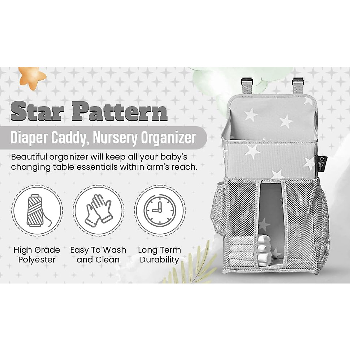 Star Pattern Diaper Caddy and Nursery Organizer for Newborn Baby Essentials, Hang on Crib, Baby Bed. Changing Table or wall. Multiple Pockets to Store Wipes, Creams, Lotions, Toys and more.