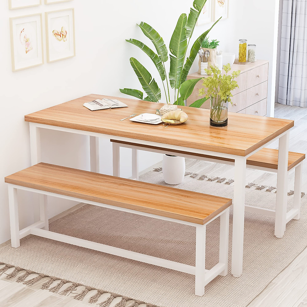 Recaceik 3-Piece Dining Table Set for 4, 43'' Dining Room Table Set with 2 Benches, Space-Saving Dinette Table with Metal Frame & MDF Board, Breakfast Table for Kitchen, Dining Room, Walnut