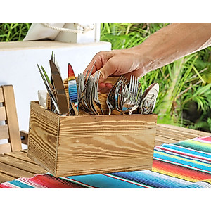 Utensil and Napkin Holder Flatware Caddy with Handle in Rustic Wood for Forks, Spoons and Knives, Silverware Organizer