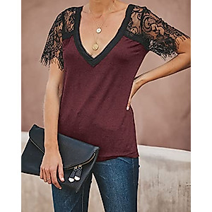 VNK Womens Lace Short Sleeve Shirts V Neck Casual Summer Tops Loose Fit Fashion Blouses Ladies Sexy Tshirts 2023 Wine Red Large