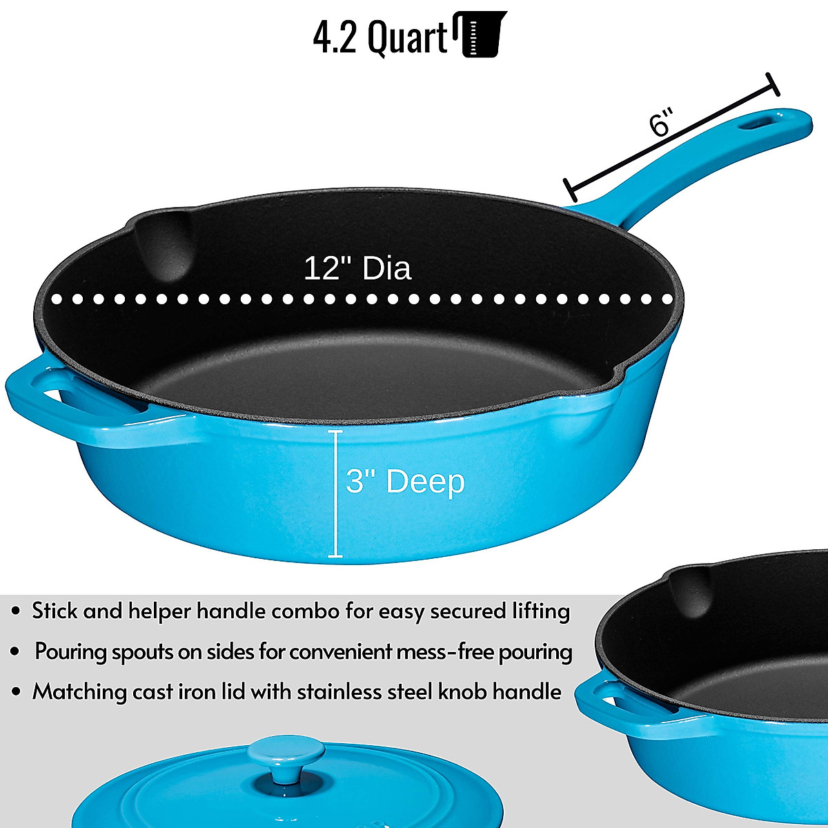 Bruntmor 5 Qt Turquoise Enamel Cast Iron Sauté Pan With Lid, 5 Quart Oven Safe Cast Iron Skillet, Cast Iron Grill Pan Set, Nonstick Cookware And Bakeware For Casserole Dish