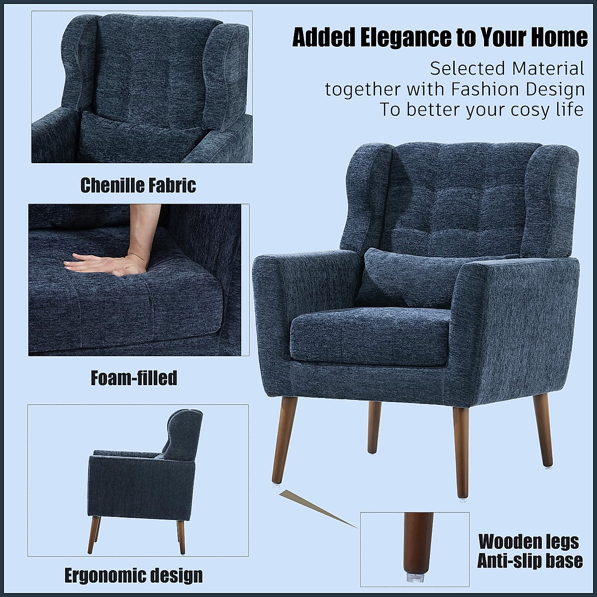 Modern Accent Chair,Chenille Fabric Reading Living Room Side Chair,Single Sofa with Wood Legs, Armchair for Living Room Bedroom(Dark Blue)