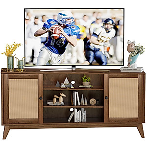AWQM Rattan TV Stand for 65 Inch TV, TV Console Table with 2 Rattan Doors, Modern Entertainment Center with Storage Cabinet and Open Shelves, for Living Room, Bedroom, Walnut