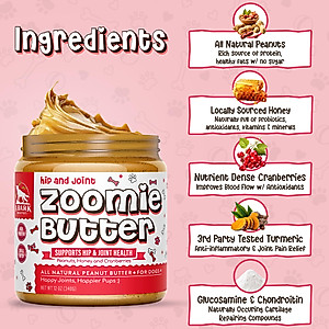 Zoomie Butter Hip & Joint Dog Peanut Butter Spread Supplement, All Natural Dog Treat. Human Grade & Safe Anti Inflammatory Puppy Food, Peanuts & Turmeric for Pain, Stiffness, Grown & Made in USA